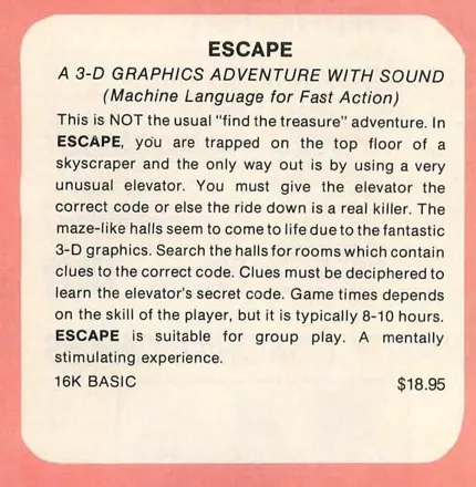 Escape promo art, ads, magazines advertisements - MobyGames
