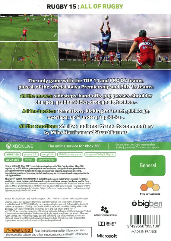 Rugby 15 cover or packaging material - MobyGames