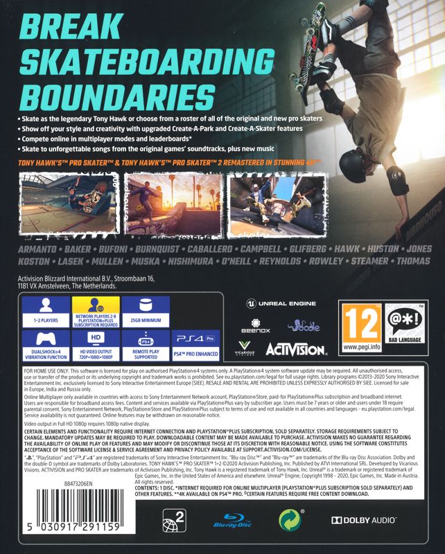 Tony Hawk's Pro Skater 1 + 2 cover or packaging material - MobyGames