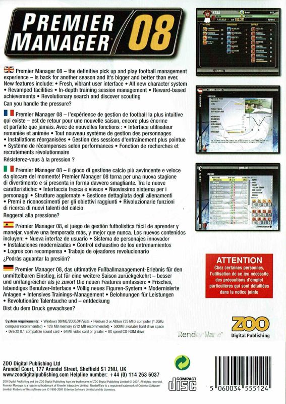 Premier Manager 08 cover or packaging material - MobyGames