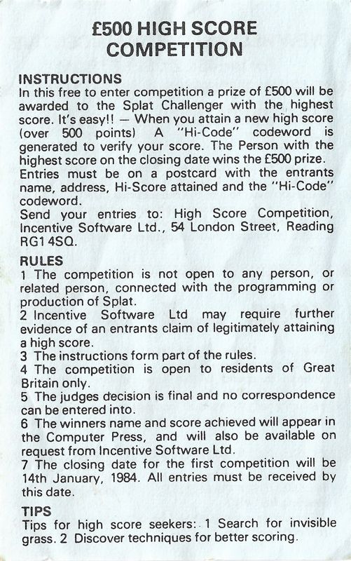 Splat! cover or packaging material - MobyGames