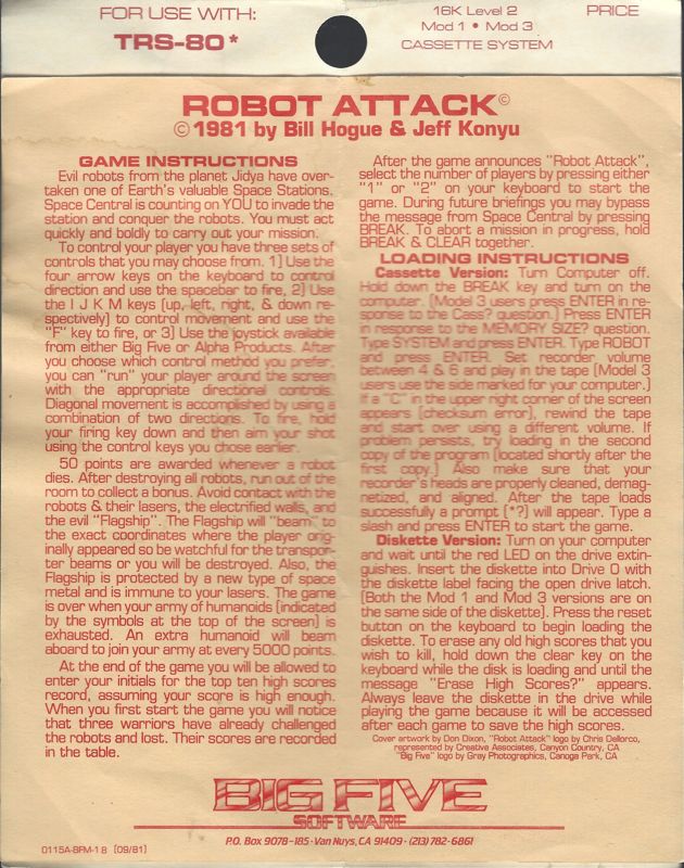 Robot Attack cover or packaging material - MobyGames