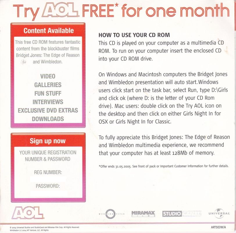 AOL Bridget Jones: The Edge of Reason & Wimbledon CD-ROM (included games) cover or packaging ...