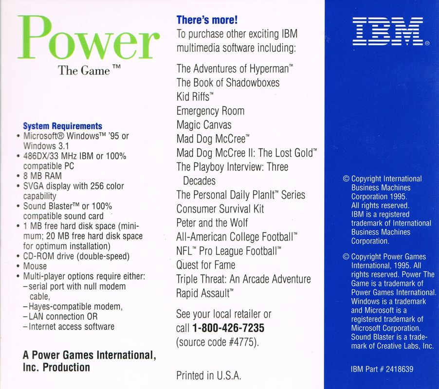 Power: The Game cover or packaging material - MobyGames
