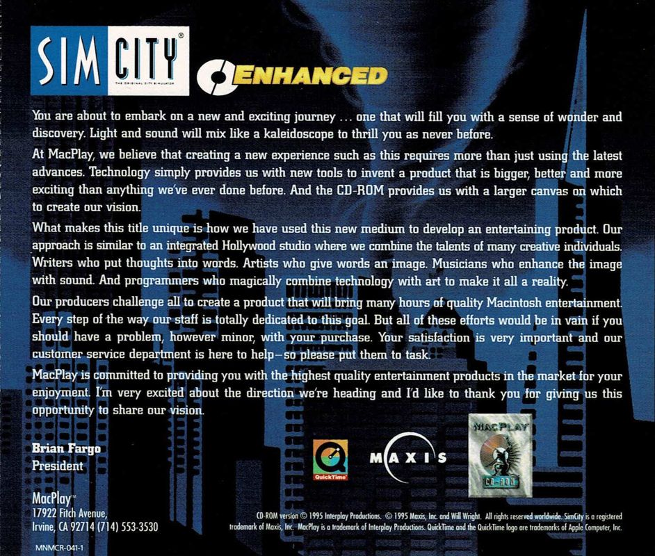 SimCity: Enhanced CD-ROM cover or packaging material - MobyGames