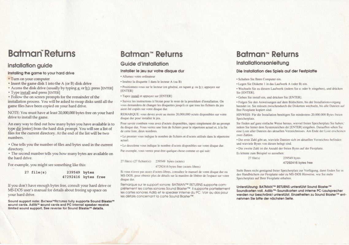 Batman Returns cover or packaging material - MobyGames
