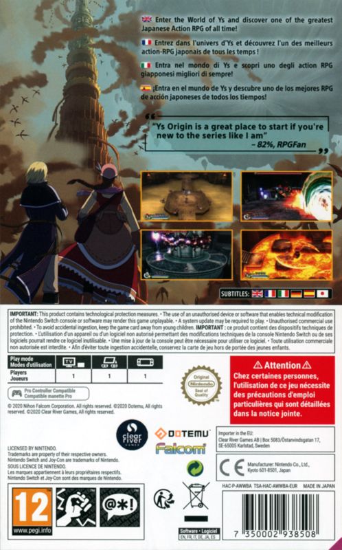 Ys Origin cover or packaging material - MobyGames