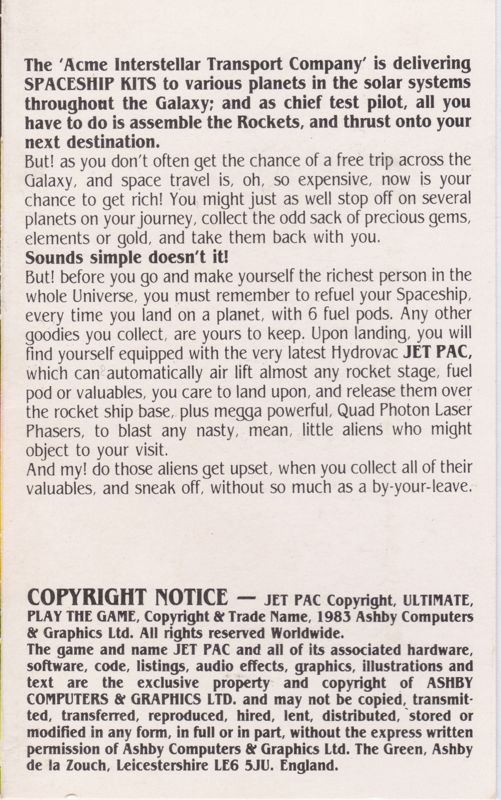 Jetpac cover or packaging material - MobyGames