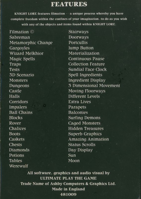 Knight Lore cover or packaging material - MobyGames