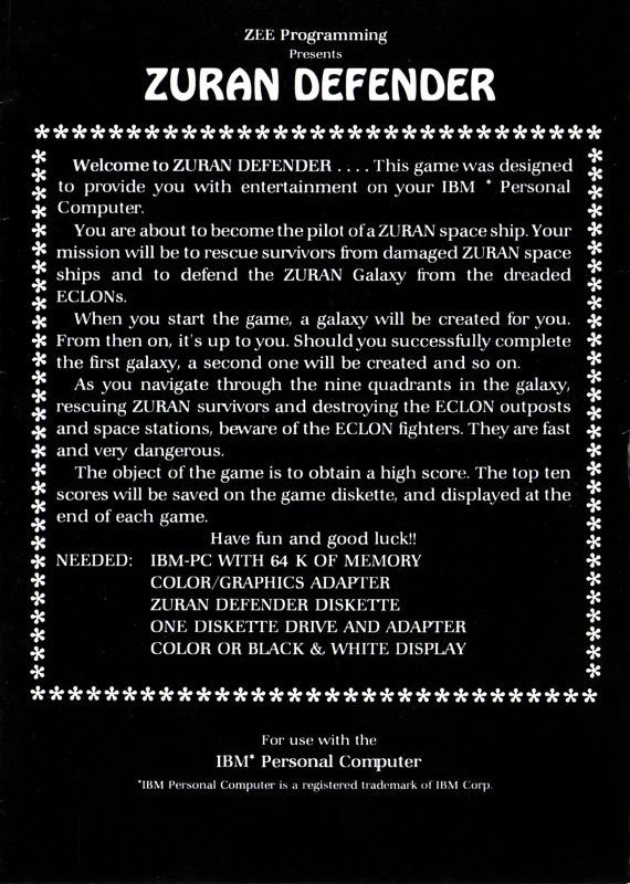 Zuran Defender cover or packaging material - MobyGames