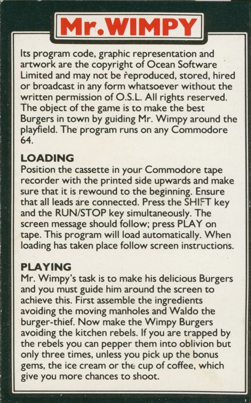 Mr. Wimpy: The Hamburger Game cover or packaging material - MobyGames