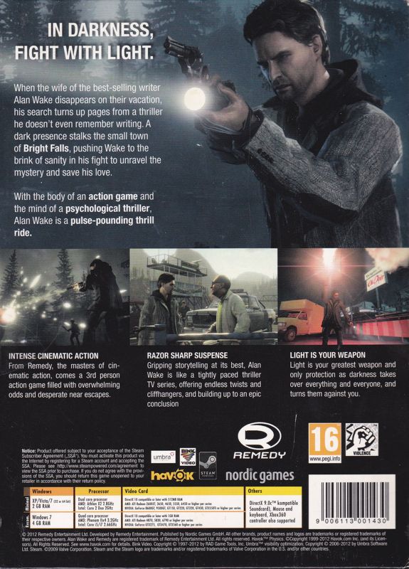Alan Wake: Standard Edition cover or packaging material - MobyGames