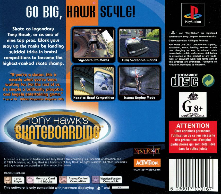 Tony Hawk's Pro Skater cover or packaging material - MobyGames