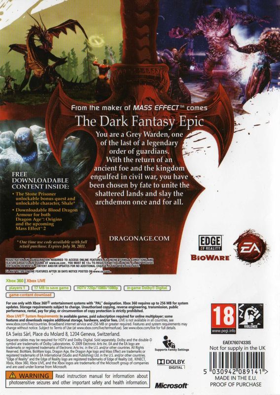 Dragon Age: Origins cover or packaging material - MobyGames