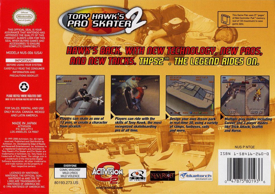 Tony Hawk's Pro Skater 2 cover or packaging material - MobyGames