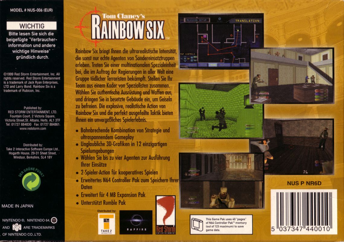 Tom Clancy's Rainbow Six cover or packaging material - MobyGames