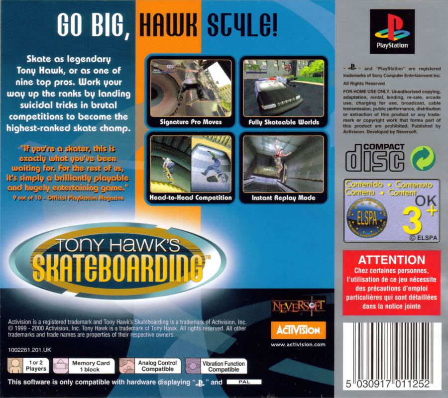 Tony Hawk's Pro Skater cover or packaging material - MobyGames