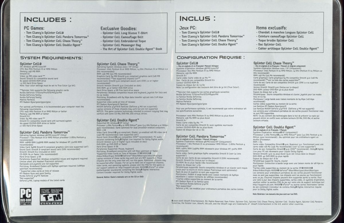 Splinter Cell: Collector Edition cover or packaging material - MobyGames