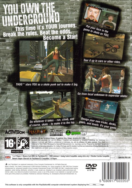 Tony Hawk's Underground cover or packaging material - MobyGames