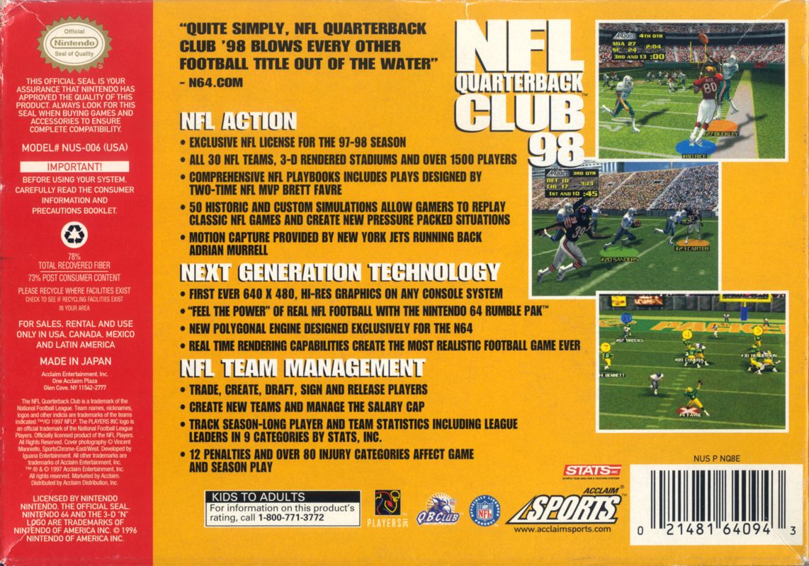 NFL Quarterback Club 98 cover or packaging material - MobyGames
