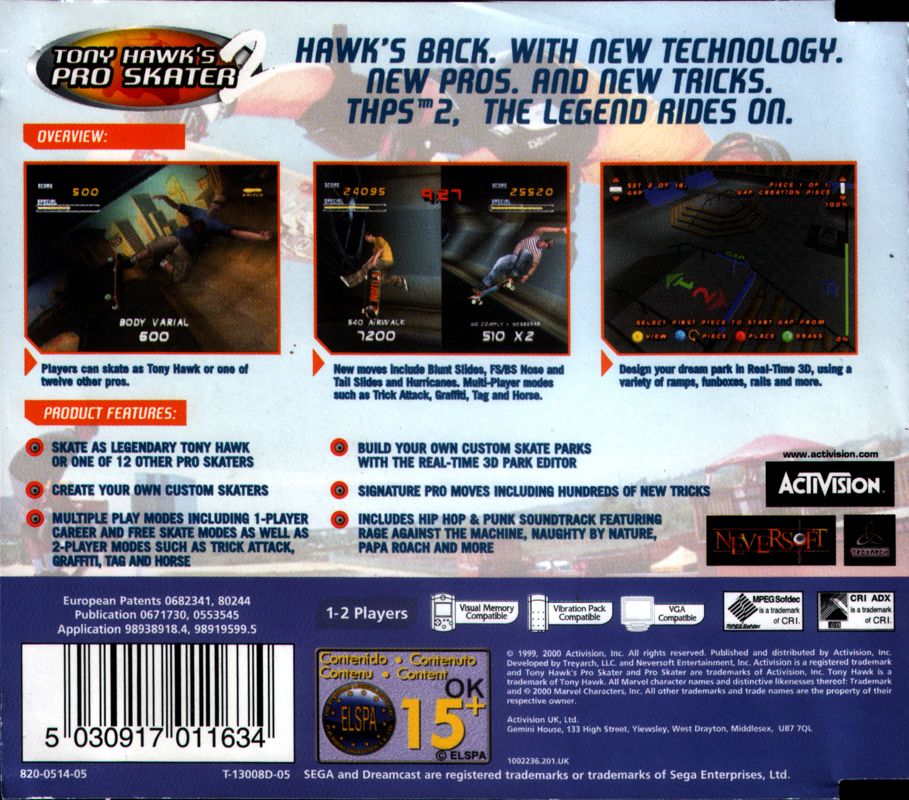 Tony Hawk's Pro Skater 2 cover or packaging material - MobyGames