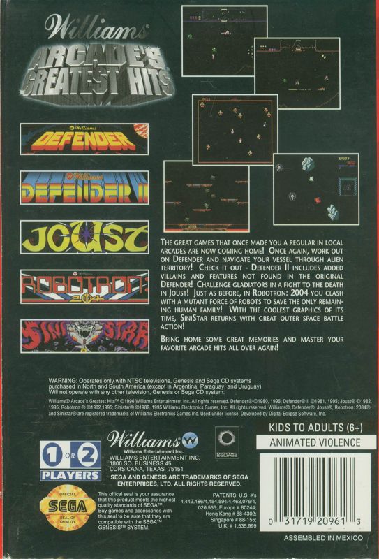 Williams Arcade Classics cover or packaging material - MobyGames