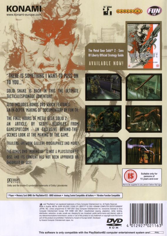 Metal Gear Solid 2: Sons of Liberty cover or packaging material - MobyGames