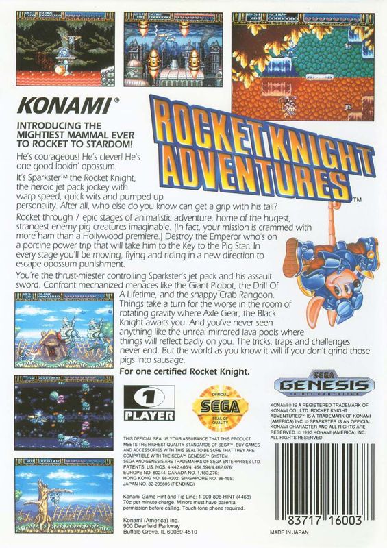 Rocket Knight Adventures cover or packaging material - MobyGames