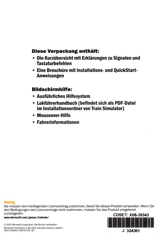 Microsoft Train Simulator cover or packaging material - MobyGames