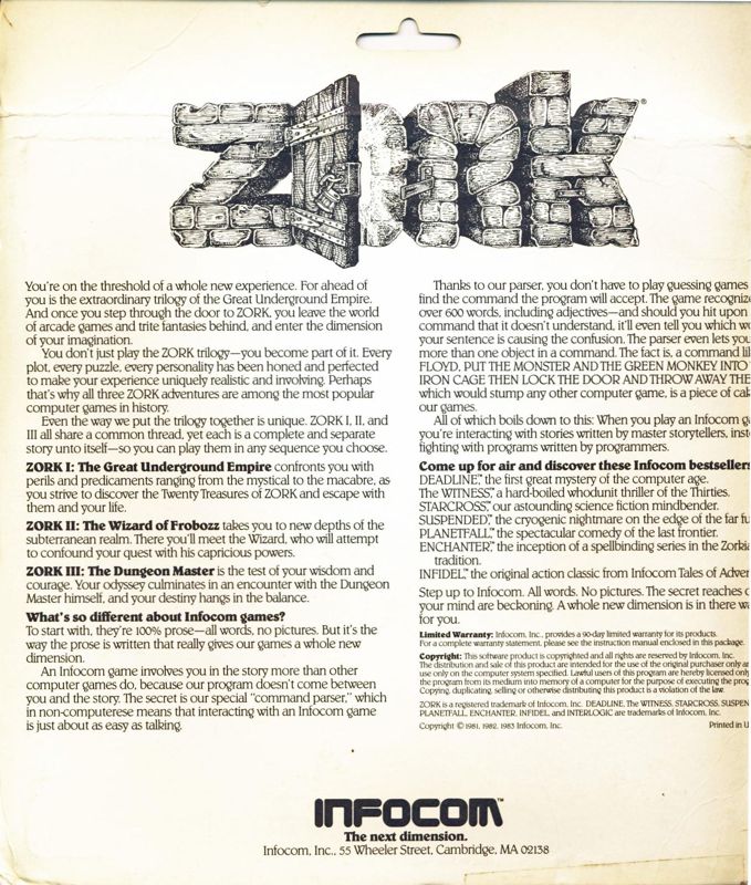 Zork: The Great Underground Empire cover or packaging material - MobyGames