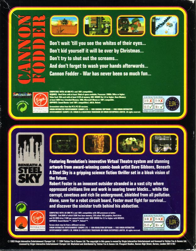 Telstar Double Value Games: Cannon Fodder and Beneath a Steel Sky cover ... Telstar Double Value Games: Cannon Fodder and Beneath a Steel Sky cover ...