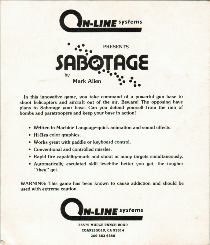 Sabotage cover or packaging material - MobyGames