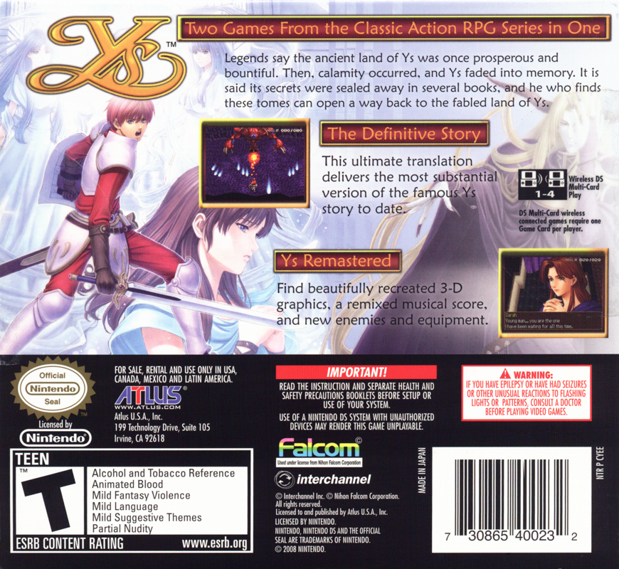 Legacy of Ys: Books I & II cover or packaging material - MobyGames