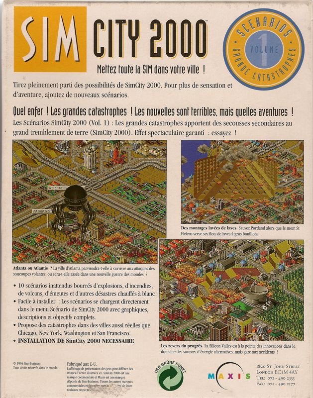 SimCity 2000 Scenarios: Volume 1 - Great Disasters cover or packaging material - MobyGames