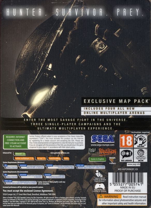 Aliens vs Predator (Hunter Edition) cover or packaging material - MobyGames