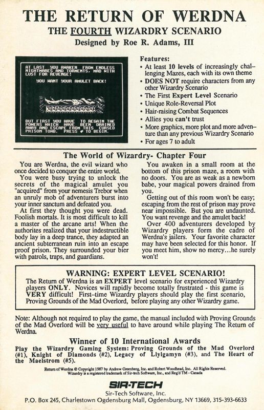 Wizardry: The Return of Werdna - The Fourth Scenario cover or packaging ...