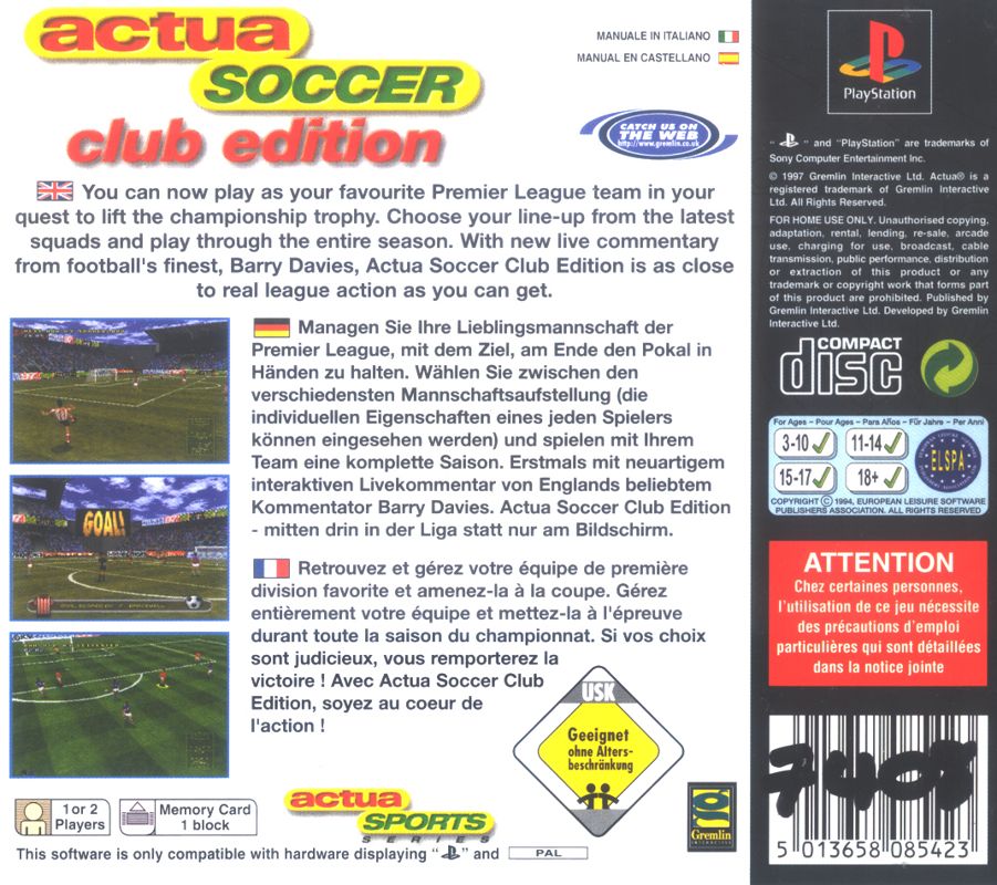 Actua Soccer: Club Edition cover or packaging material - MobyGames