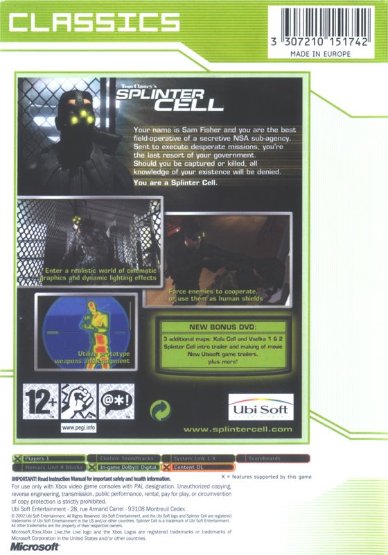 Tom Clancy's Splinter Cell cover or packaging material - MobyGames