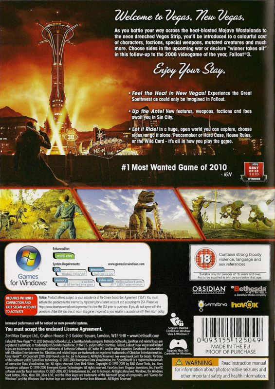 Fallout: New Vegas cover or packaging material - MobyGames
