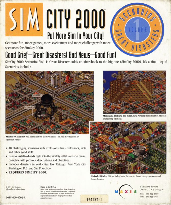 SimCity 2000 Scenarios: Volume 1 - Great Disasters cover or packaging material - MobyGames