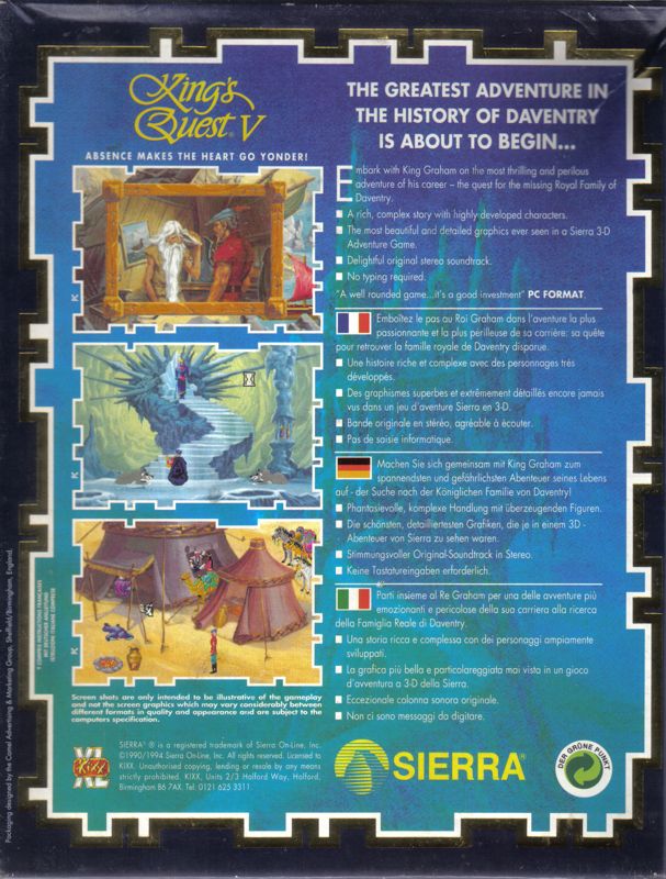 King's Quest V: Absence Makes the Heart Go Yonder! cover or packaging ...