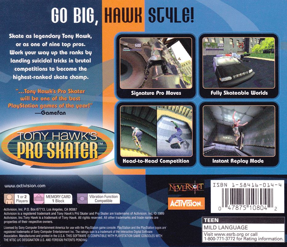 Tony Hawk's Pro Skater cover or packaging material - MobyGames