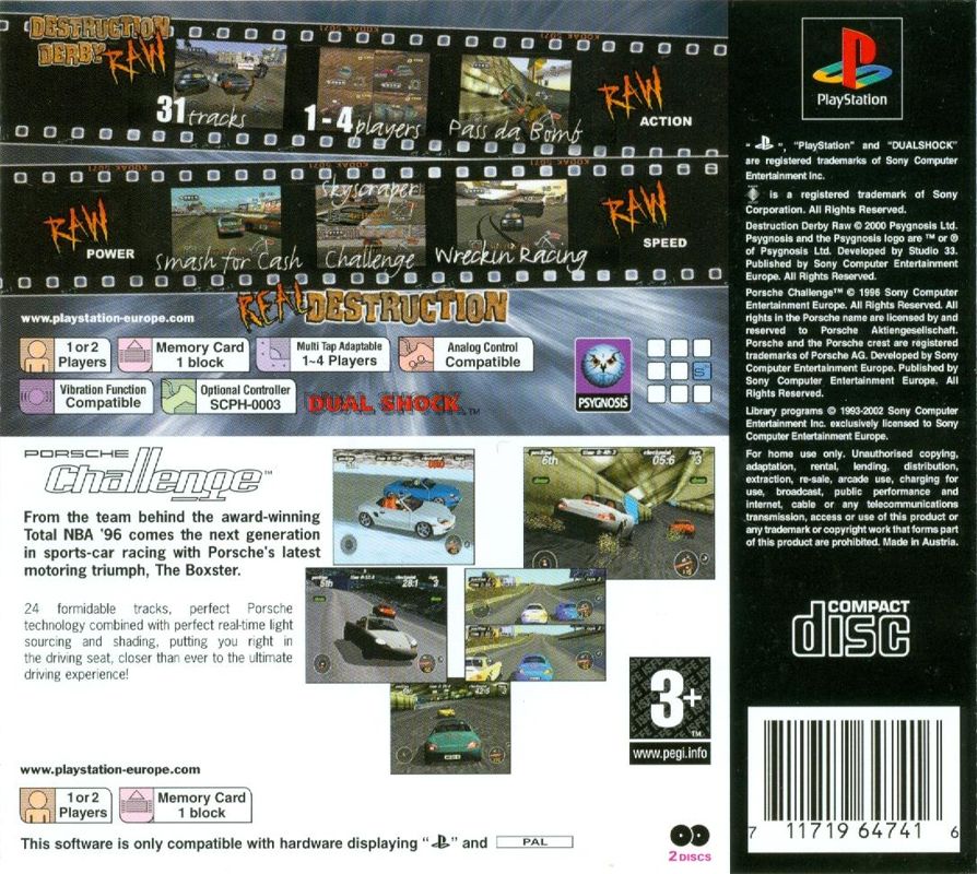 2 Games: Destruction Derby Raw / Porsche Challenge cover or packaging ...