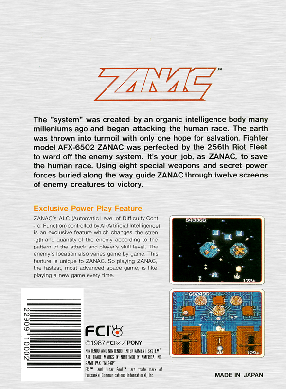Zanac cover or packaging material - MobyGames