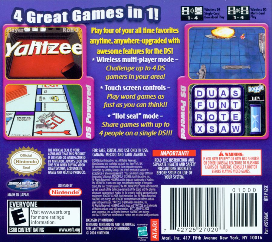 4 Game Fun Pack: Monopoly / Boggle / Yahtzee / Battleship cover or ...
