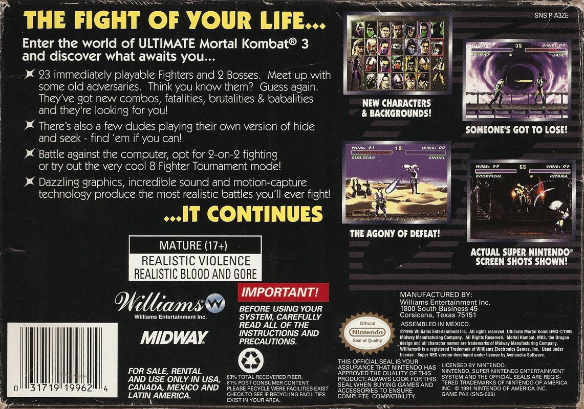 Ultimate Mortal Kombat 3 cover or packaging material - MobyGames