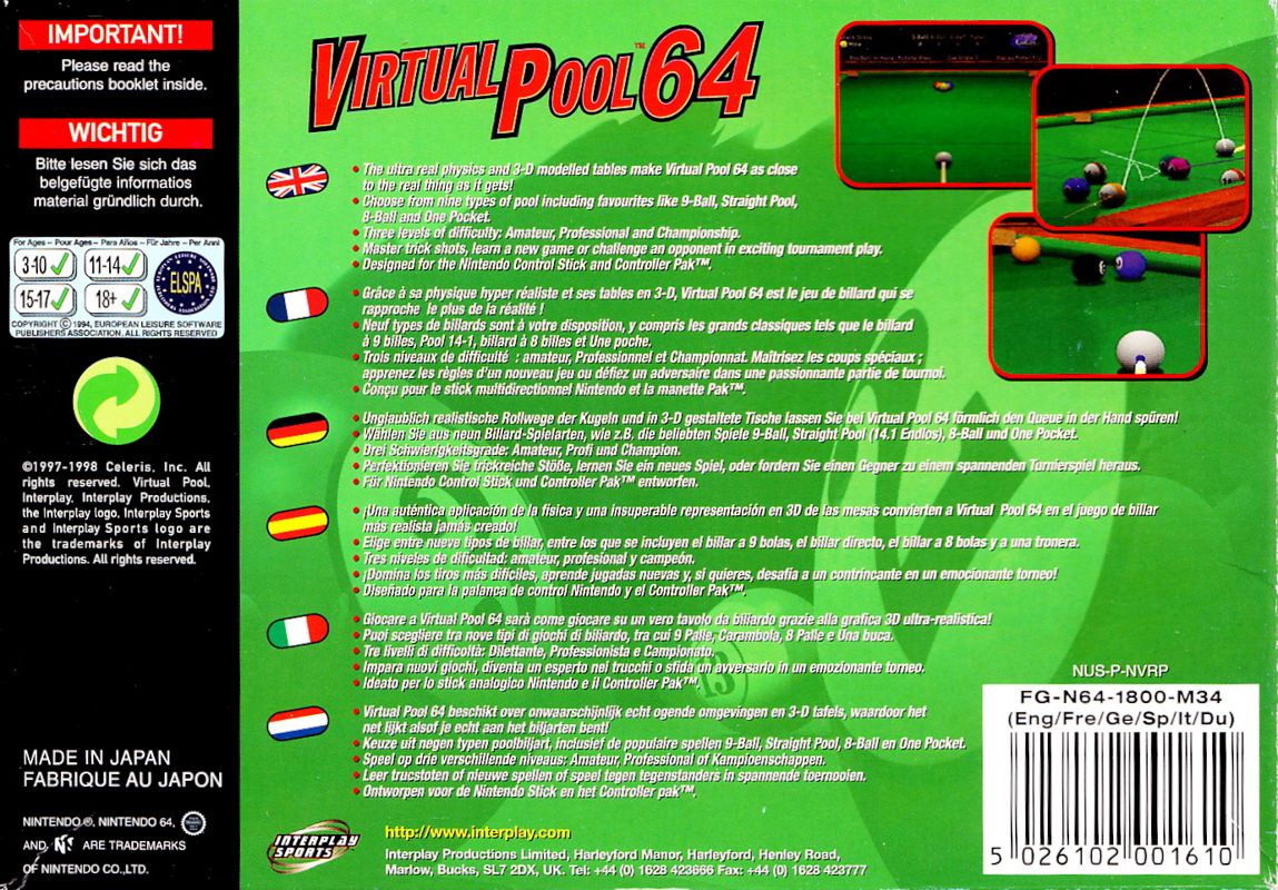 Virtual Pool 64 cover or packaging material - MobyGames