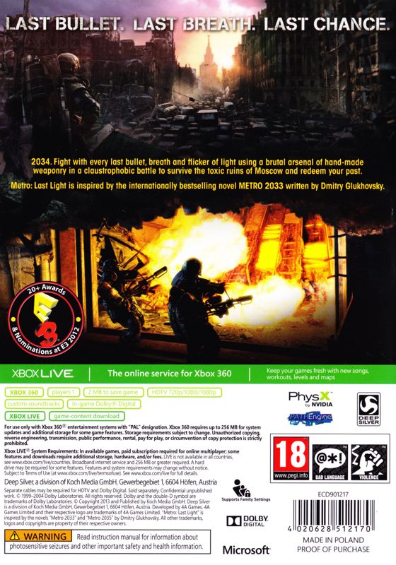 Metro: Last Light cover or packaging material - MobyGames