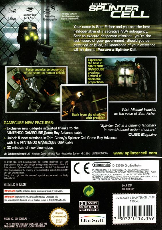 Tom Clancy's Splinter Cell cover or packaging material - MobyGames