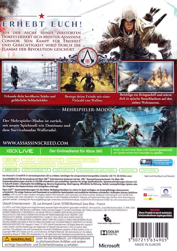 Assassin's Creed III cover or packaging material - MobyGames